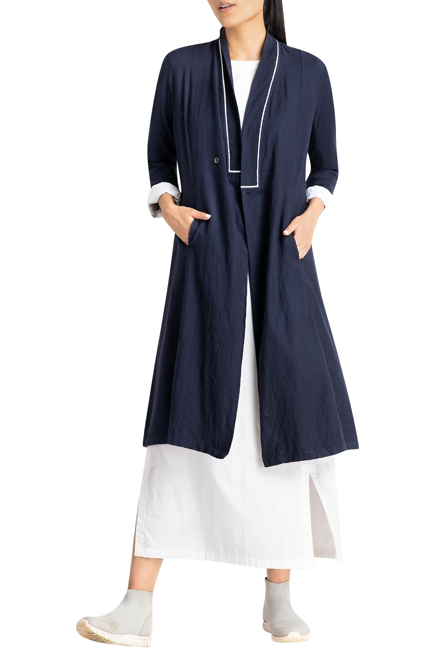 Buy Blue Cotton Twill Long Jacket For Women by THREE Online at Aza ...