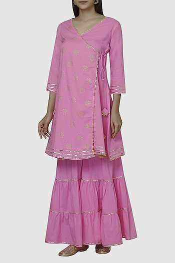 Buy Pink Cotton V-shaped Neckline Printed Kurta Sharara Set For Women ...