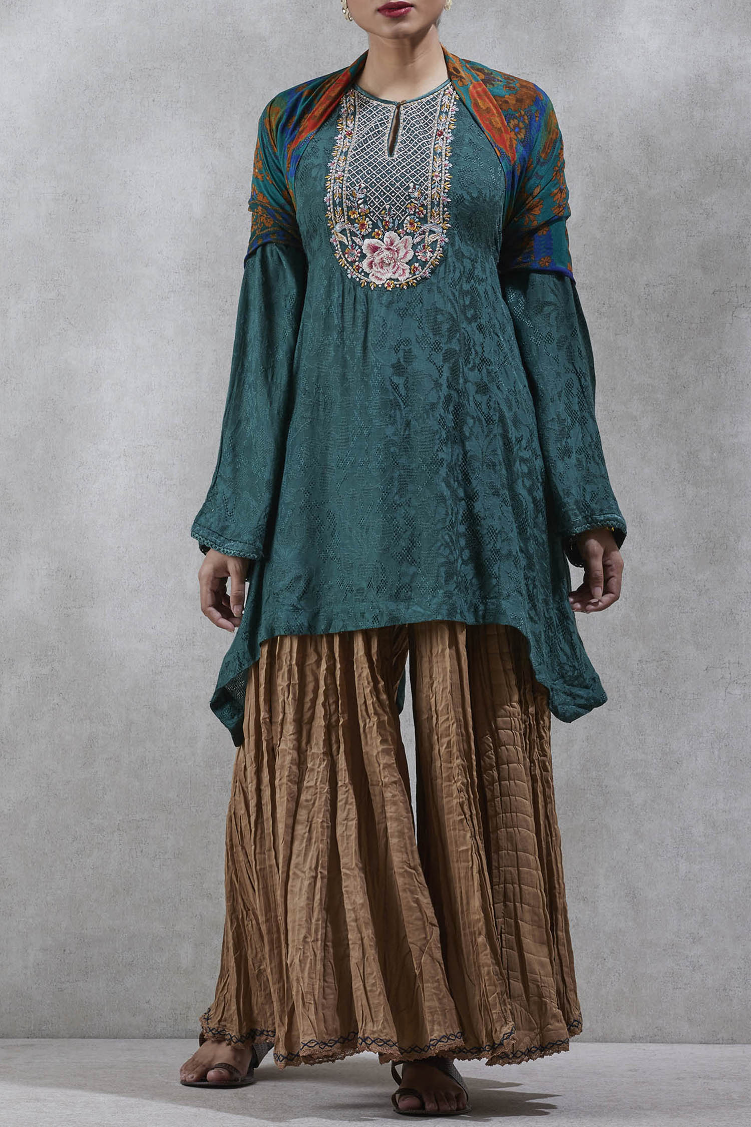 Buy Ritu Kumar Beige Cotton Voile Embroidered Palazzo Online | Aza Fashions