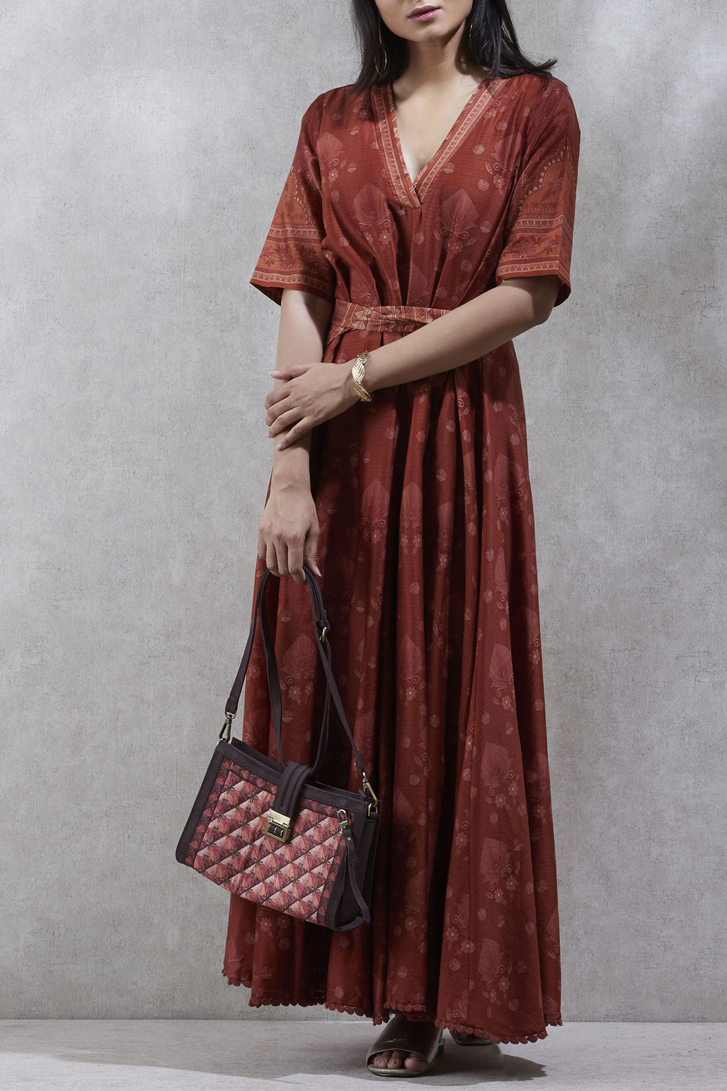 Buy Orange Cotton V Neck Floral Print Anarkali For Women by Ritu Kumar ...