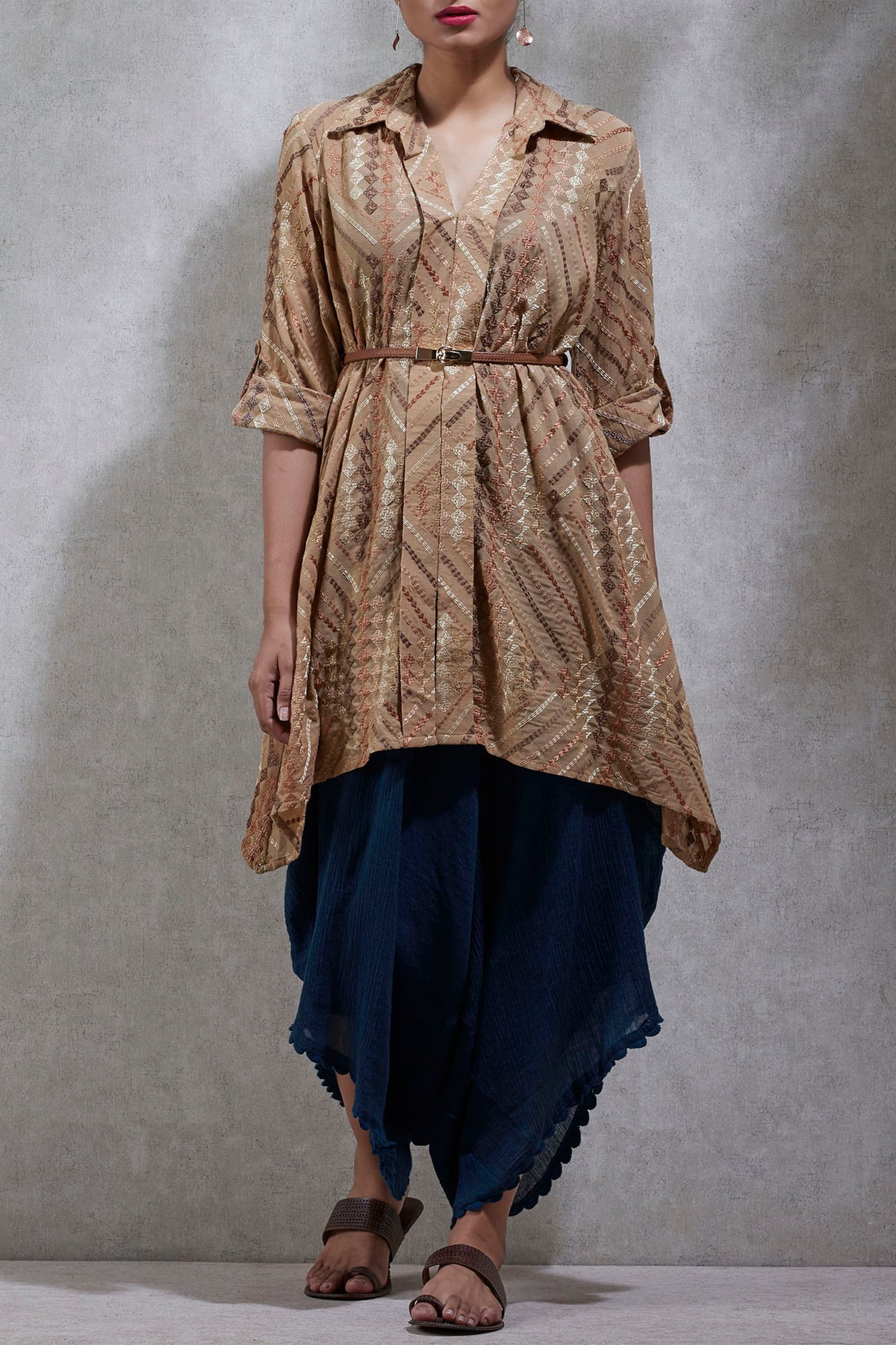 Buy Ritu Kumar Beige Cotton Embroidered Asymmetrical Kurti Online | Aza Fashions