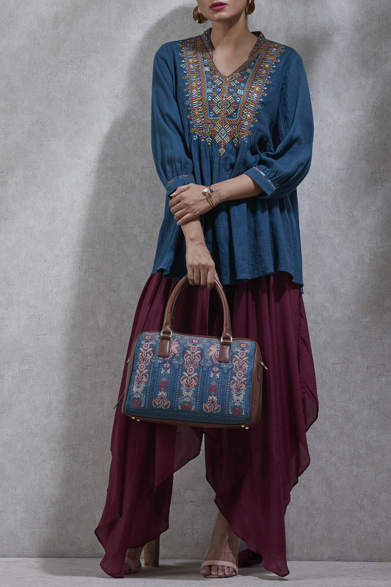 Buy Ritu Kumar Blue Cotton Slub Embroidered Short Kurta Online | Aza ...