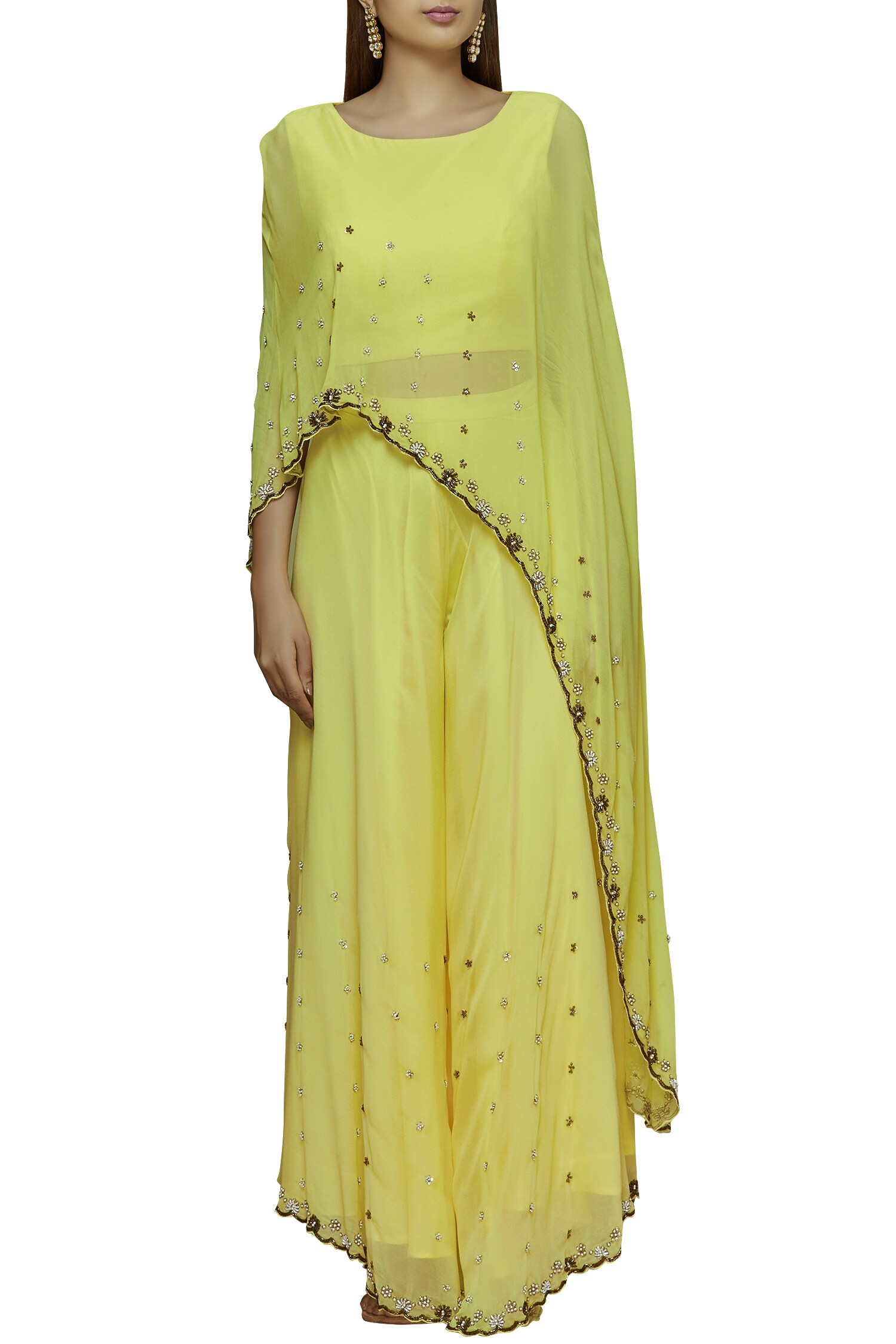Buy Samyukta Singhania Yellow Georgette Embroidered Cape Palazzo Set ...