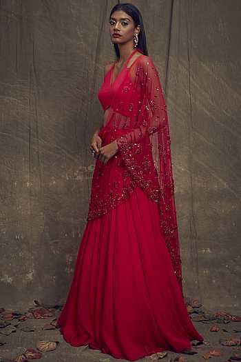 Buy Pink Georgette Halter Neck Embellished Lehenga Set For Women by ...