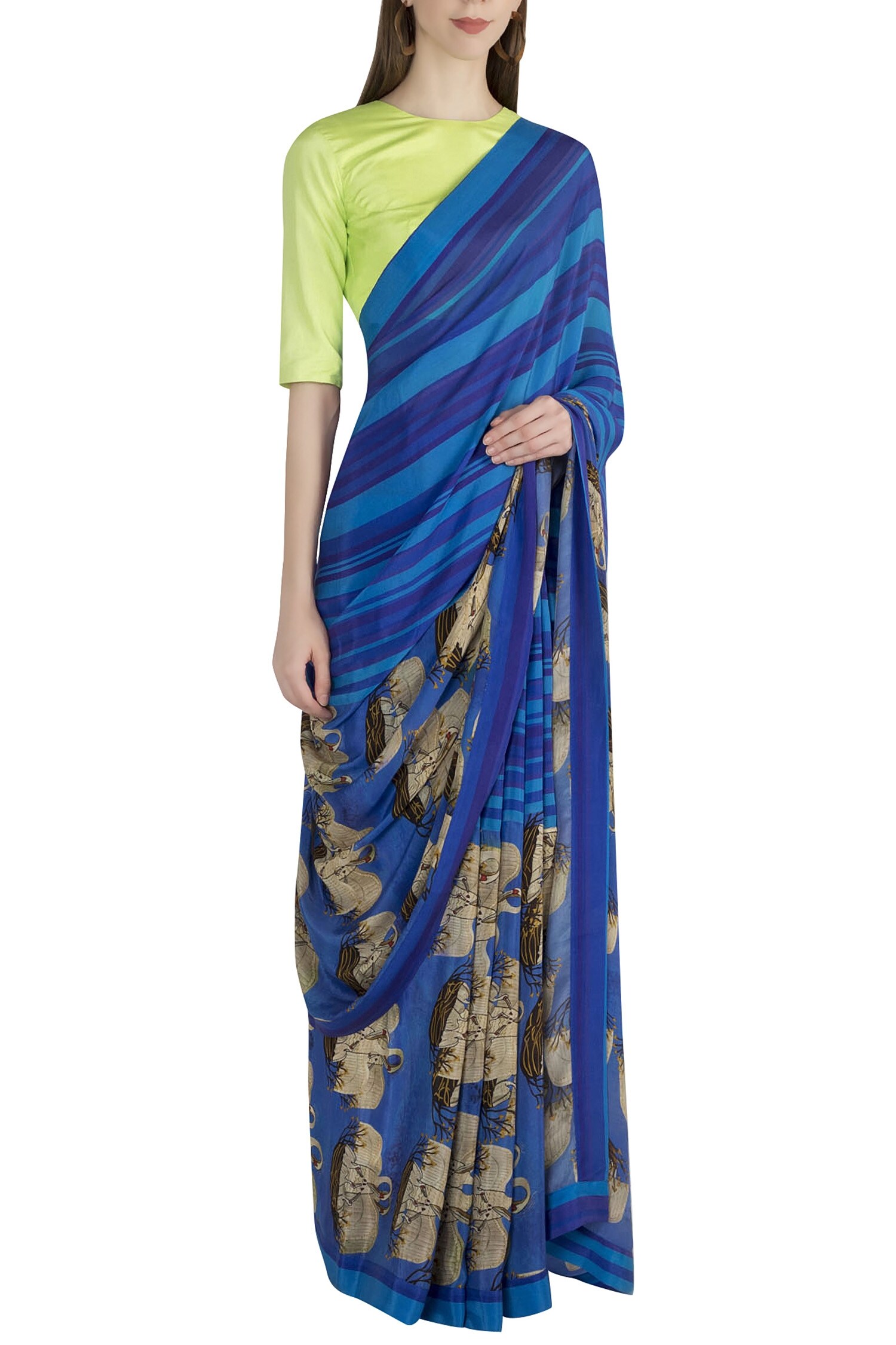 Buy Masaba Blue Silk Saree With Unstitched Blouse Fabric Online | Aza ...