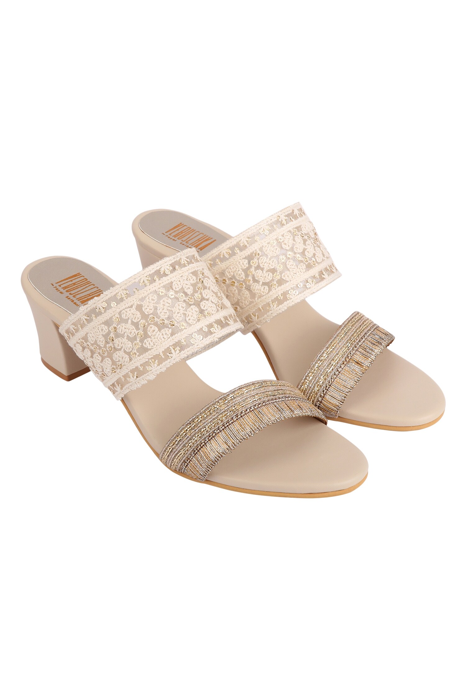 Buy Veruschka by Payal Kothari Cream Pu Embroidered Heels Online | Aza ...
