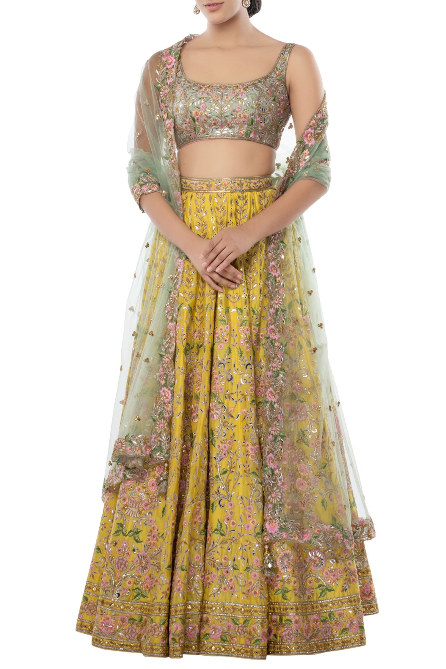 Buy Tamanna Punjabi Kapoor Yellow Embroidered Chanderi Lehenga Set ...