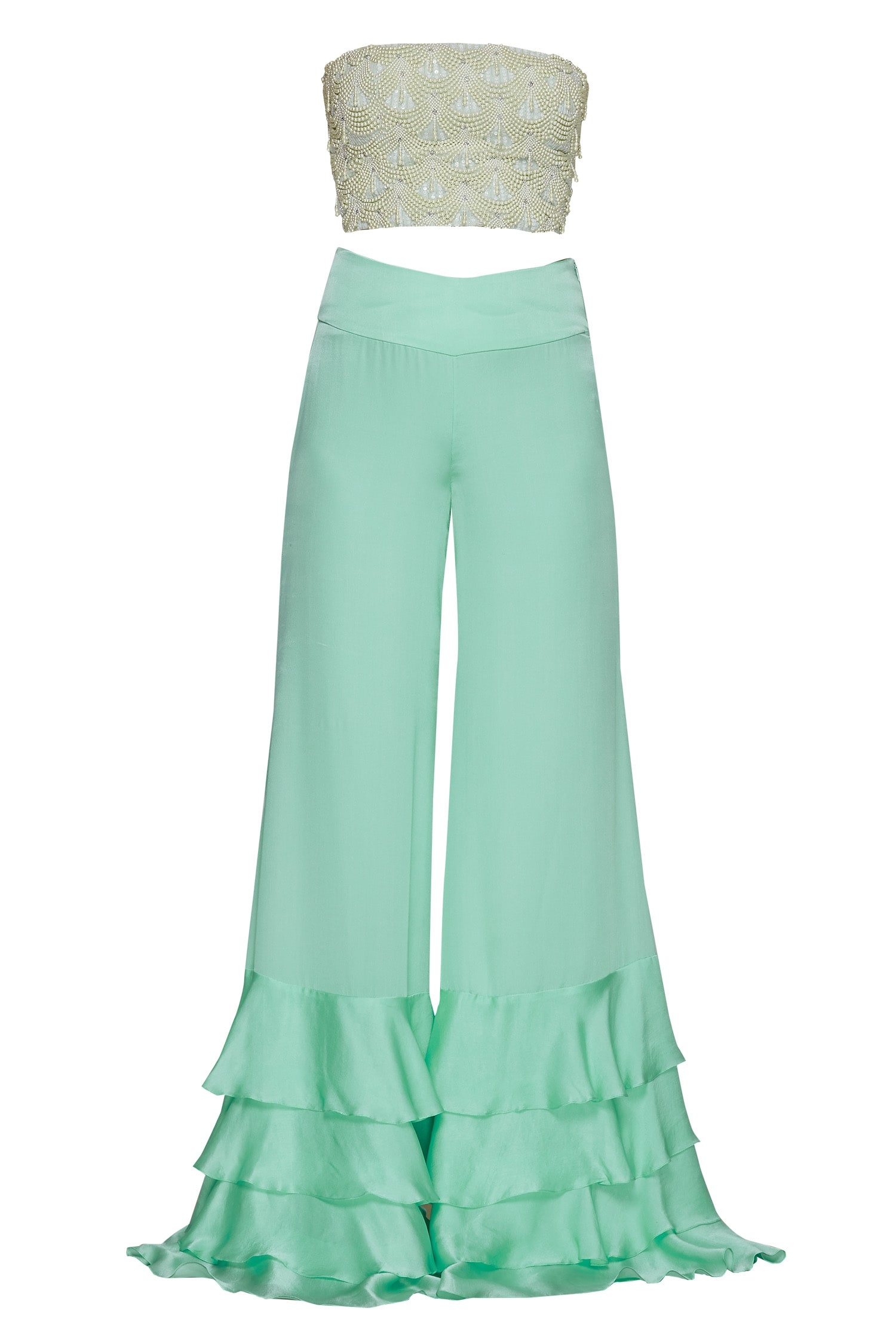 Buy Shehlaa Khan Blue Satin Crop Top Palazzo Set Online | Aza Fashions