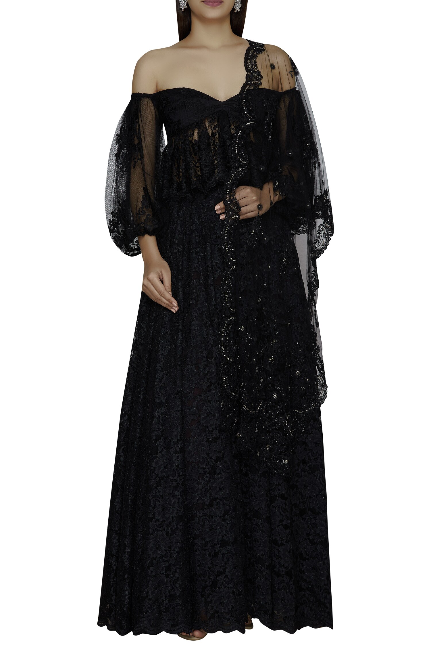 Buy Shehlaa Khan Black Lace Lehenga Set Online | Aza Fashions