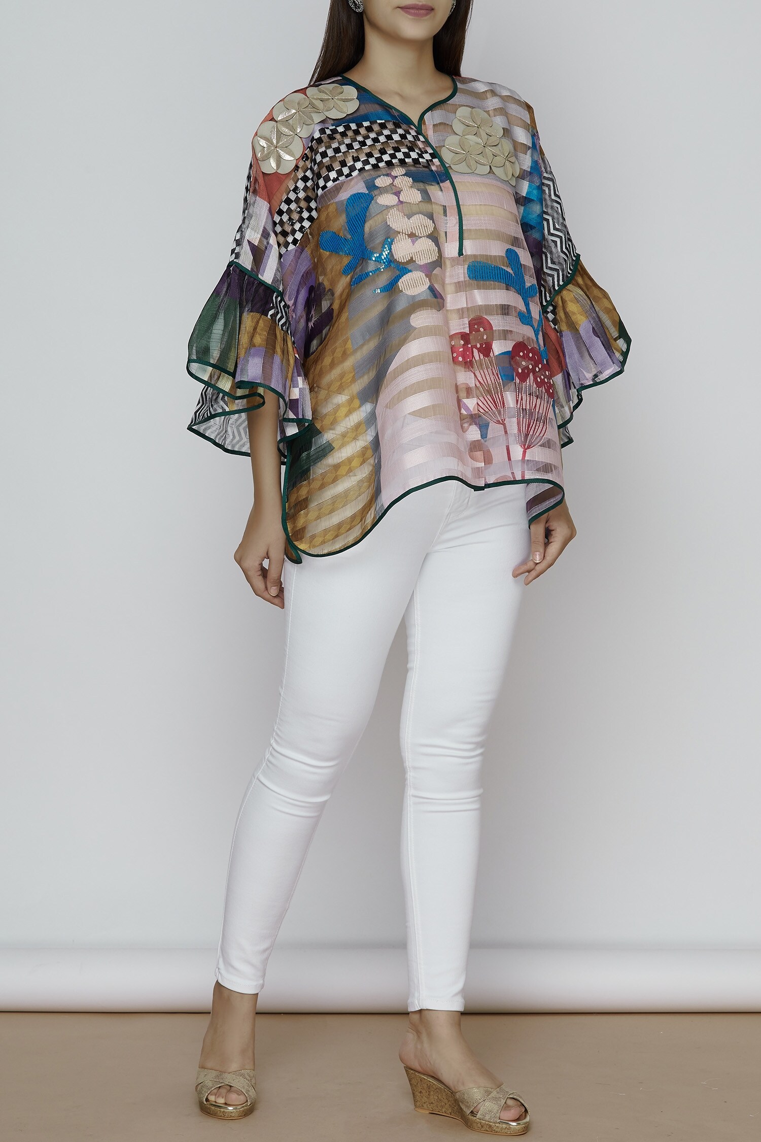 Buy Pankaj And Nidhi Multi Color Poly Organza Embroidered Top Online