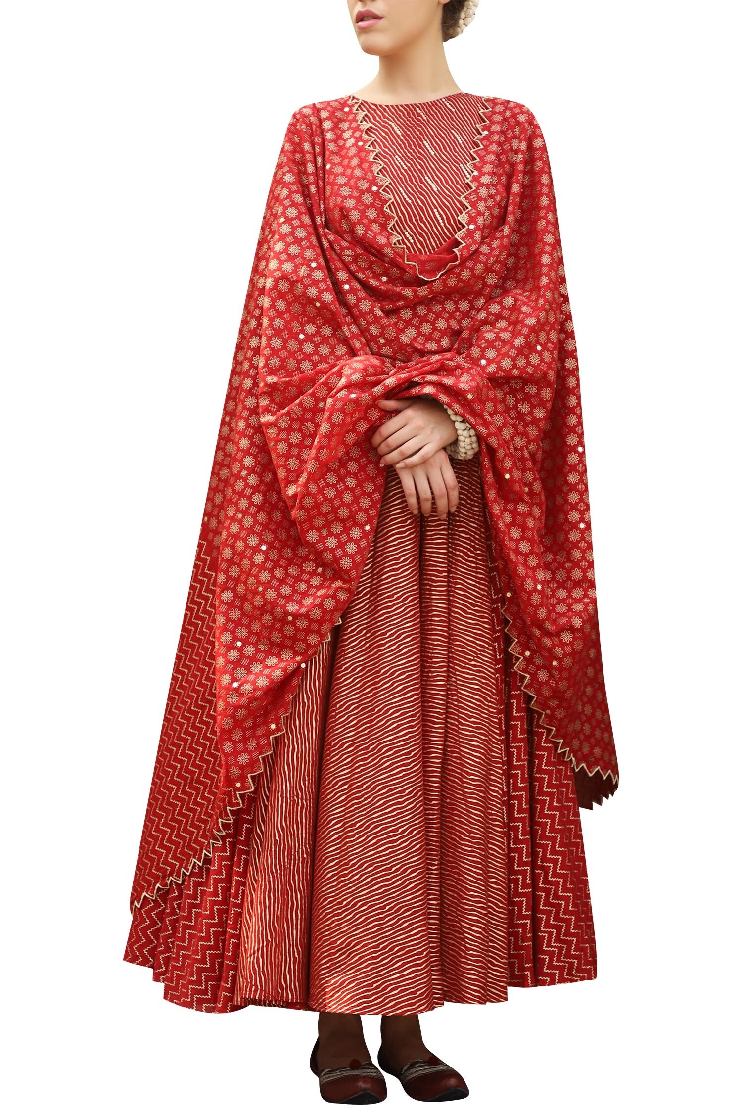 Buy Red Mul Mul Lycra Round Printed Anarkali Set For Women by Seema ...