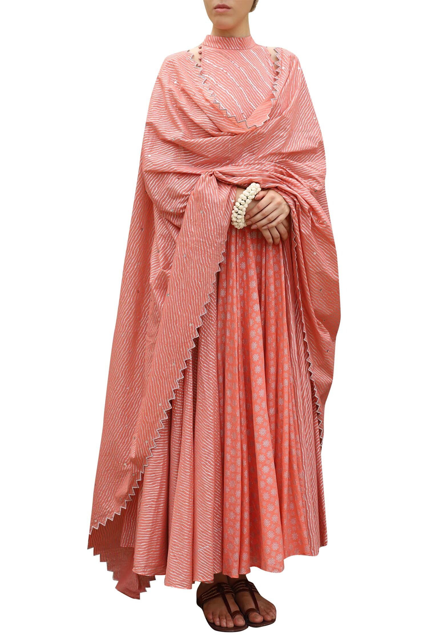 Buy Seema Nanda Peach Cotton Mul Mul Printed Anarkali With Dupatta ...