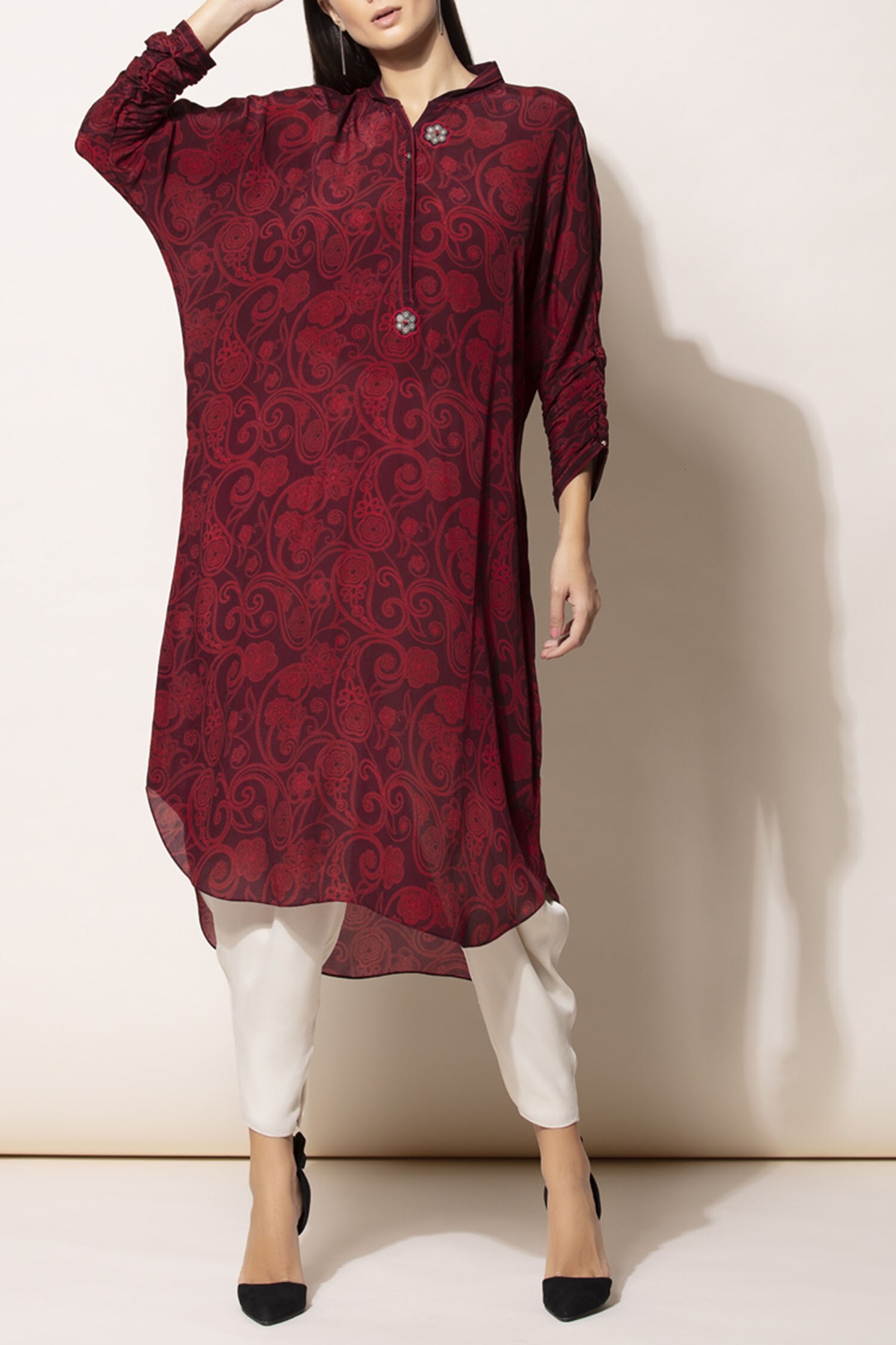 Buy AMPM Maroon Viscose Crepe Printed Tunic Online | Aza Fashions