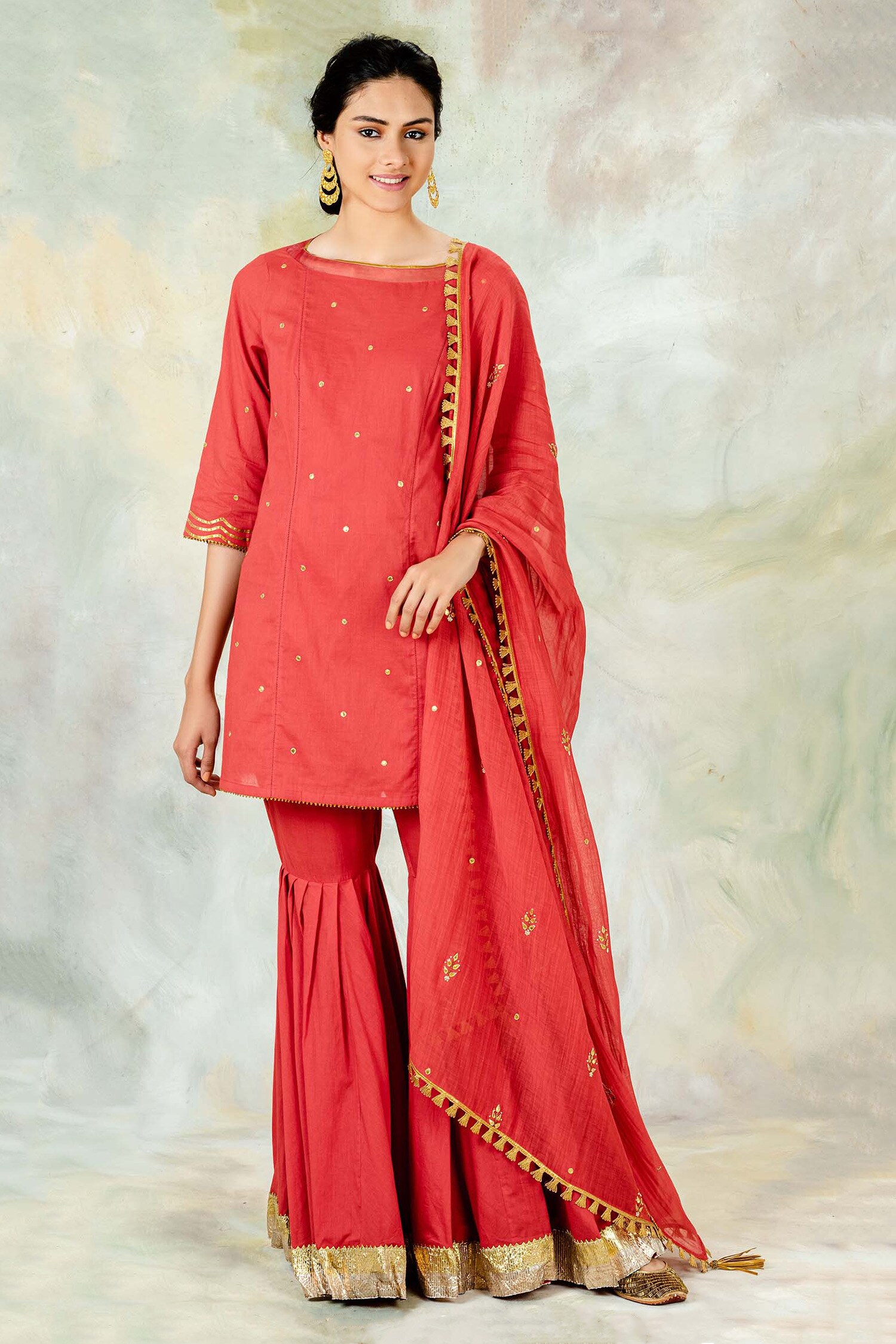 Buy Mandira Wirk Red Cotton Pleated Sharara Pants Online | Aza Fashions