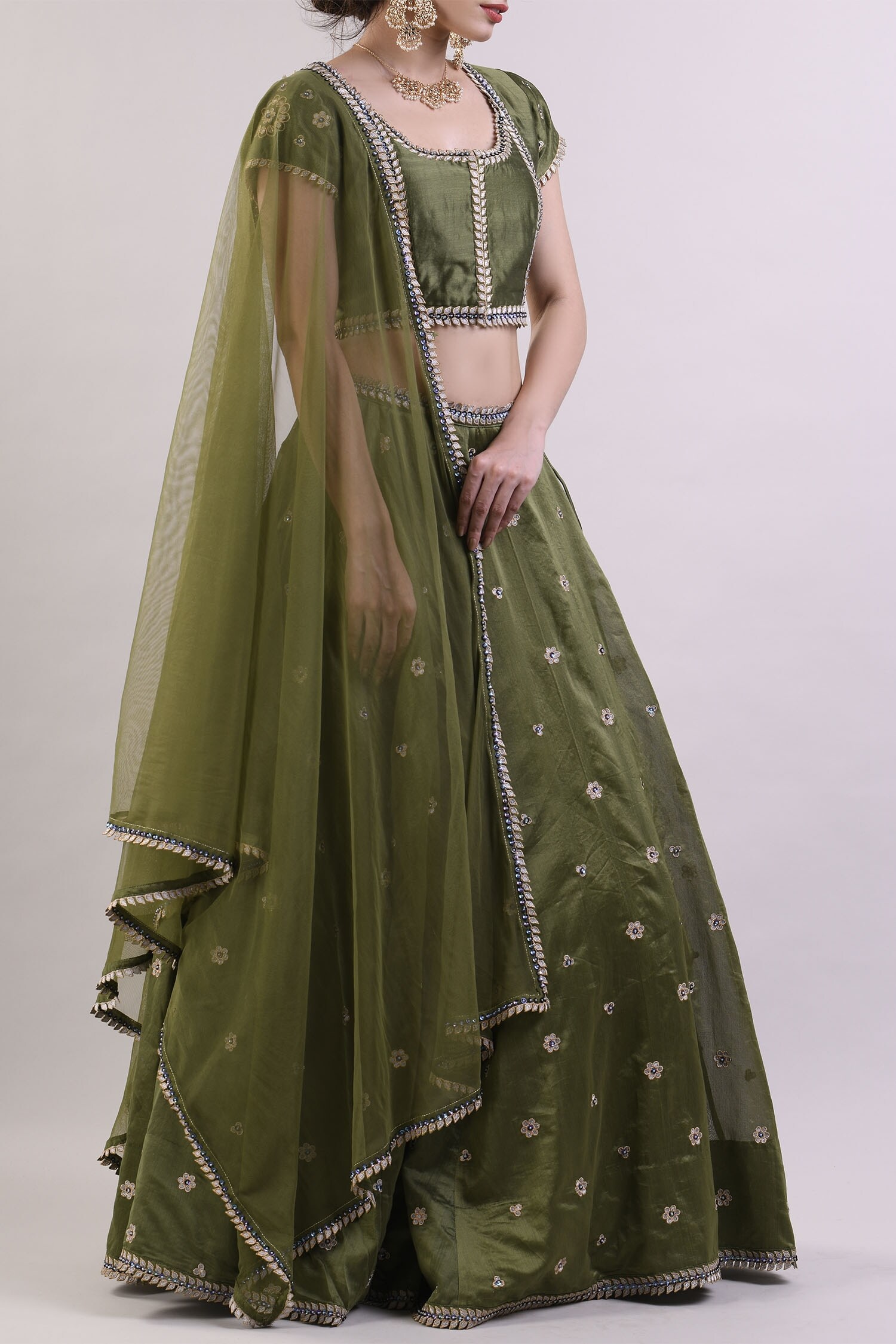 Buy Surendri Green Chanderi Lehenga Set Online | Aza Fashions