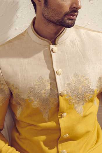 Buy Dev R Nil - Men Yellow Cotton Embroidered Sherwani Set Online | Aza ...