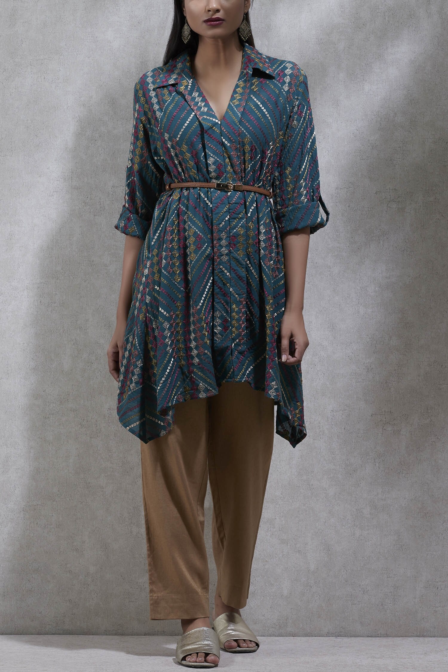 Buy Ritu Kumar Green Cotton Embroidered Kurti Online | Aza Fashions