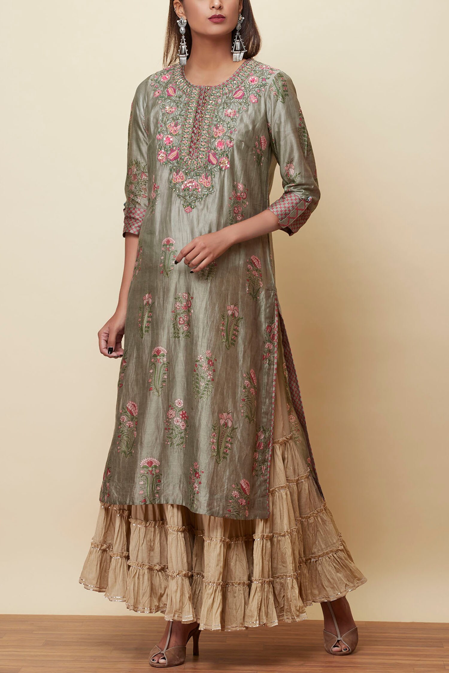 Buy Ritu Kumar Beige Cotton Tiered Sharara Online | Aza Fashions
