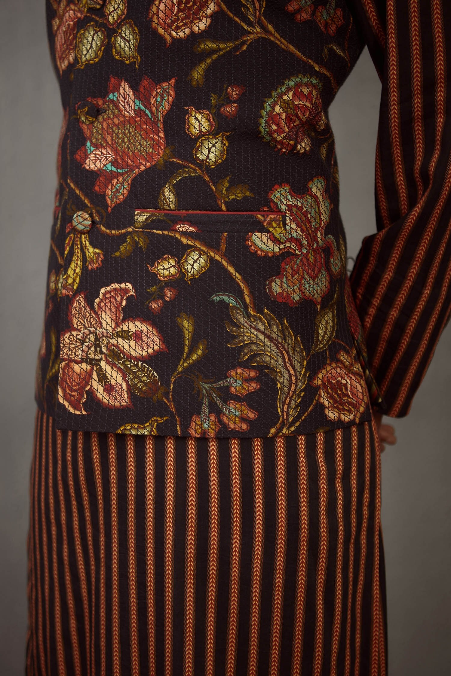 Buy Torani - Men Black Cotton Silk Floral Print Bundi Online | Aza Fashions