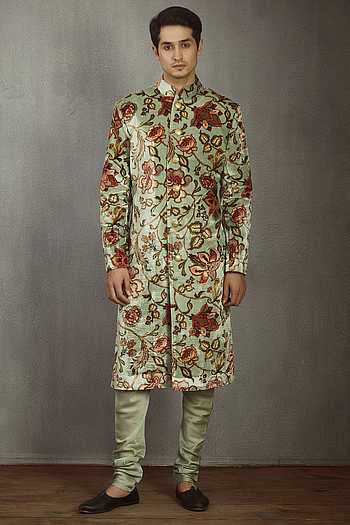 Buy Torani Green Velvet Floral Print Sherwani Online | Aza Fashions