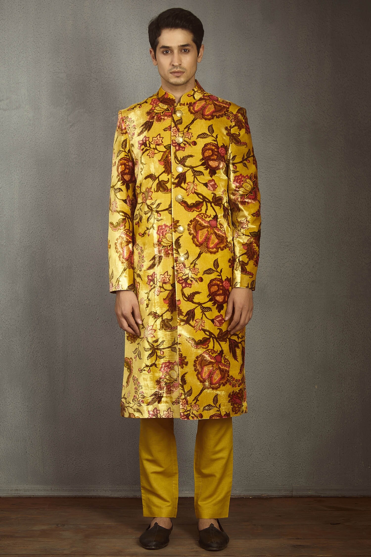 Buy Torani Yellow Velvet Printed Sherwani Online | Aza Fashions