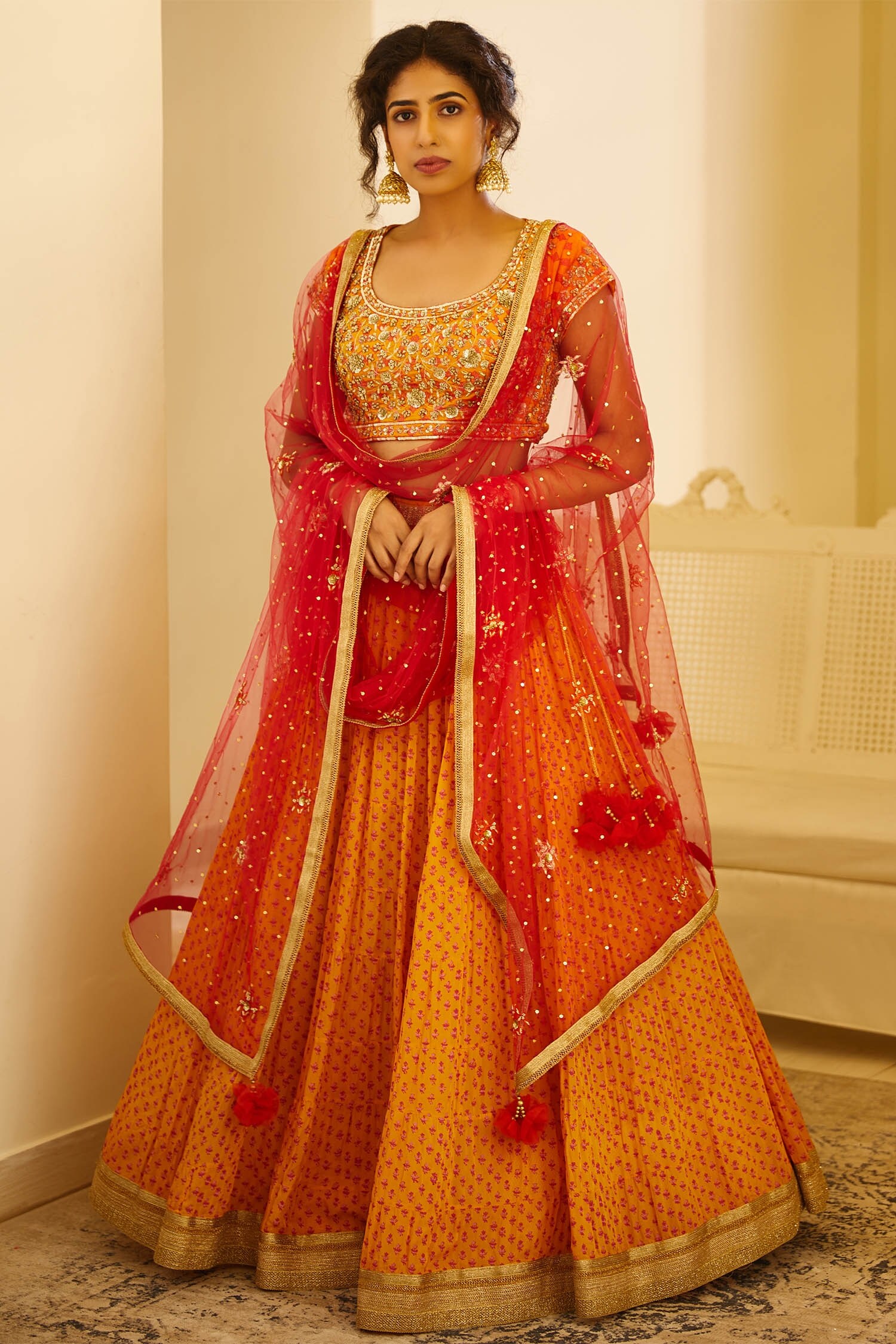 Buy Shyam Narayan Prasad Orange Silk Jaquard Chanderi Lehenga Set ...