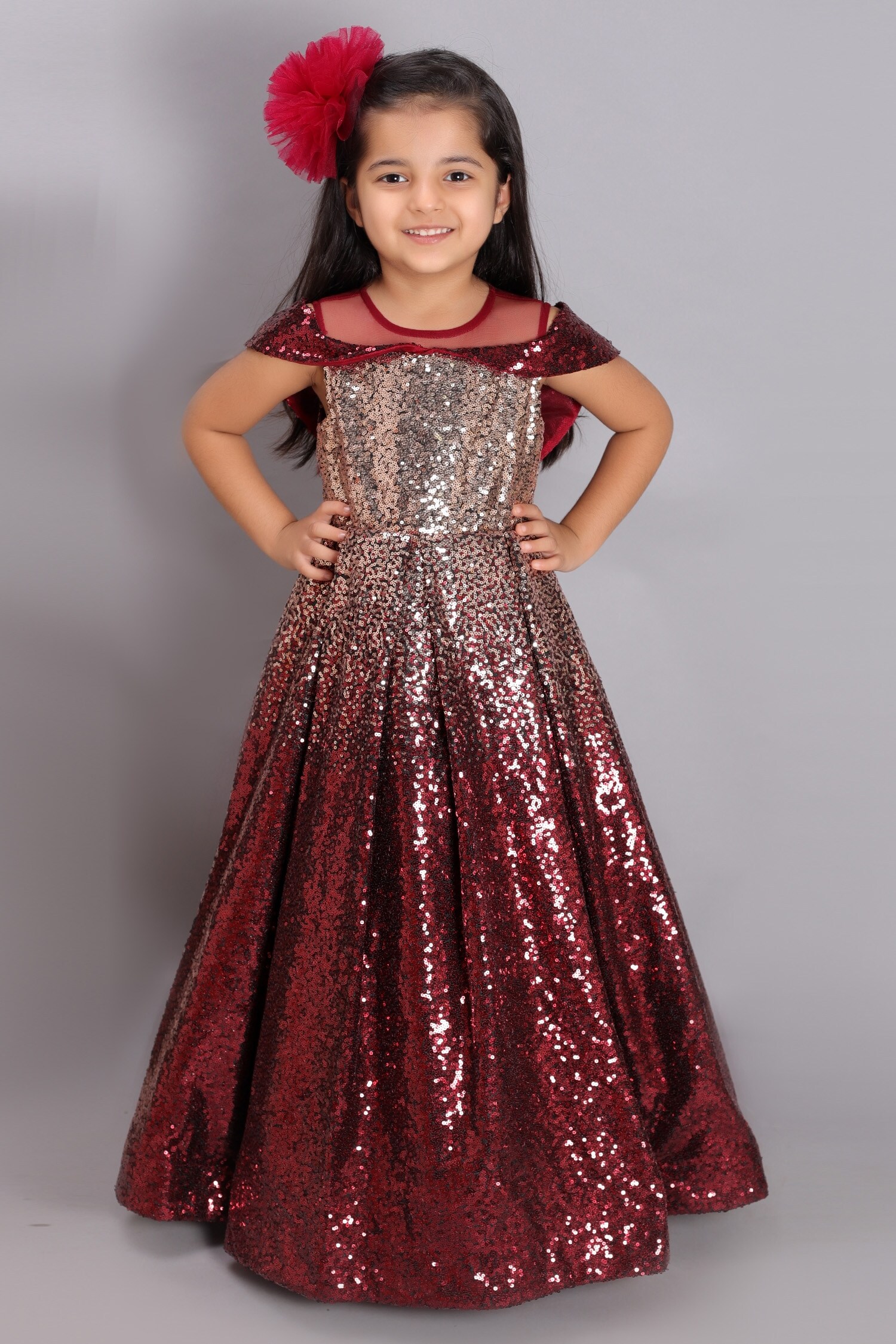 Buy Janya's Closet Maroon Sequin Gown With Hair Clip For Girls Online ...