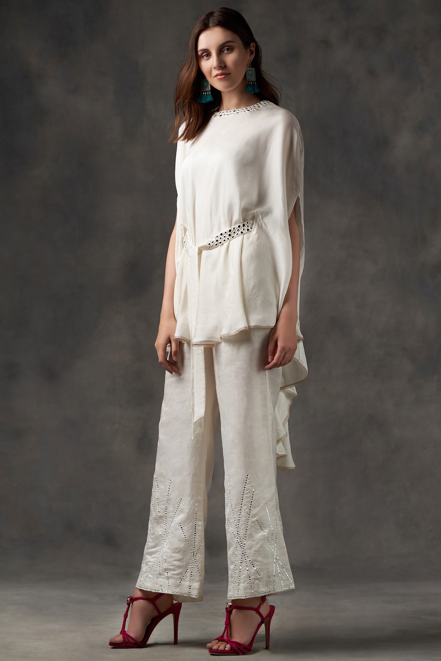 Buy White Modal Satin Round Asymmetric Cape Top For Women by Twenty ...