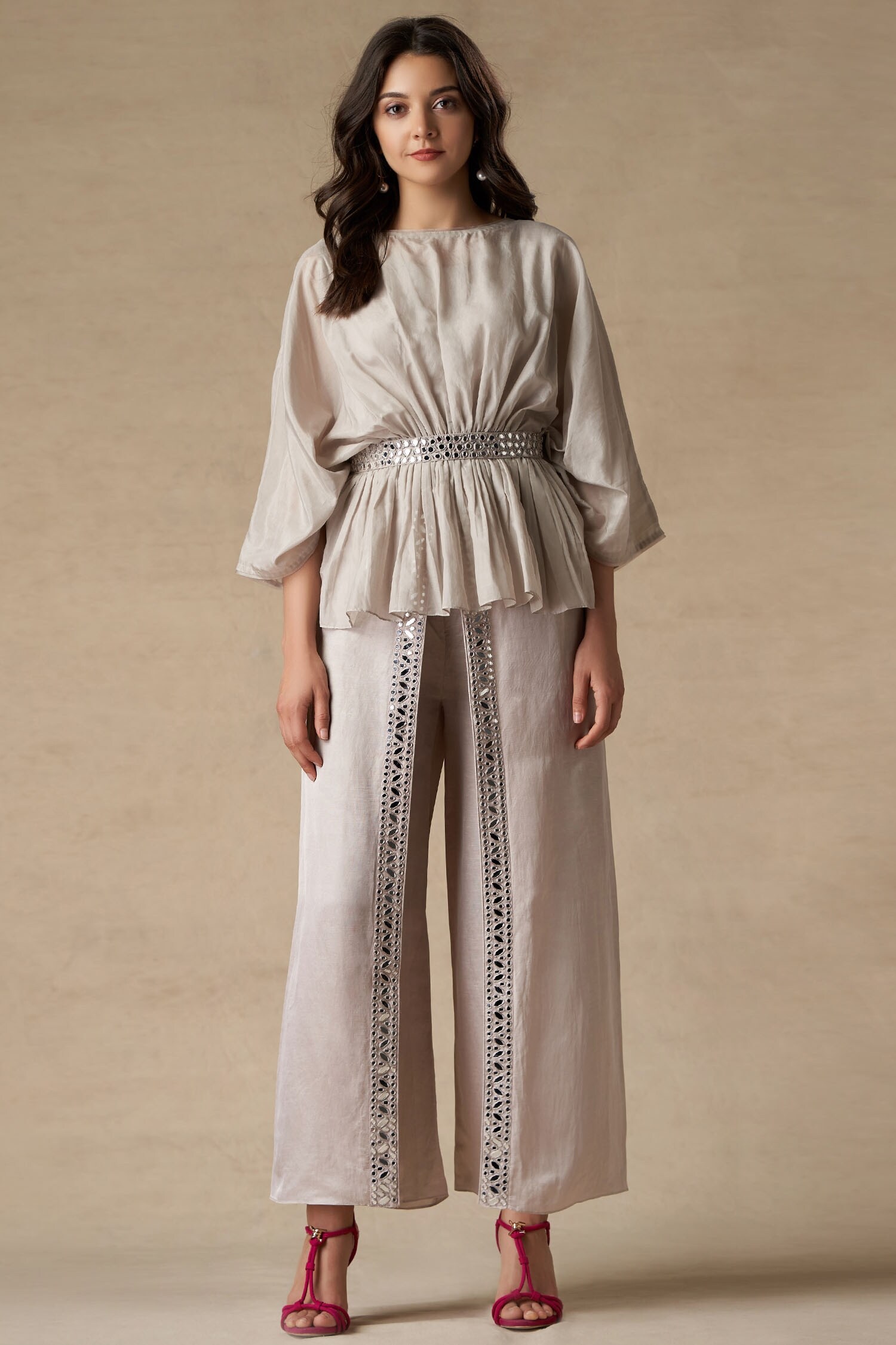 Buy Twenty Nine Grey Silk Flared Blouse Online | Aza Fashions