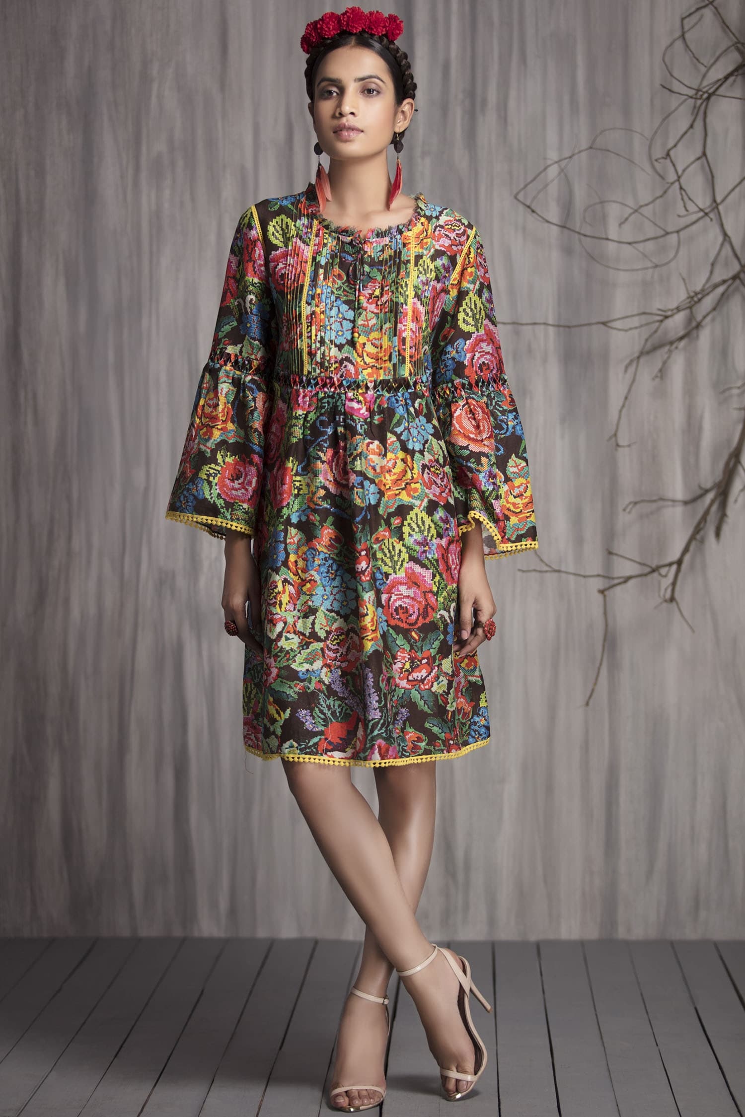 Buy Black Cotton Silk Round Chanderi Printed Dress For Women by Payal ...