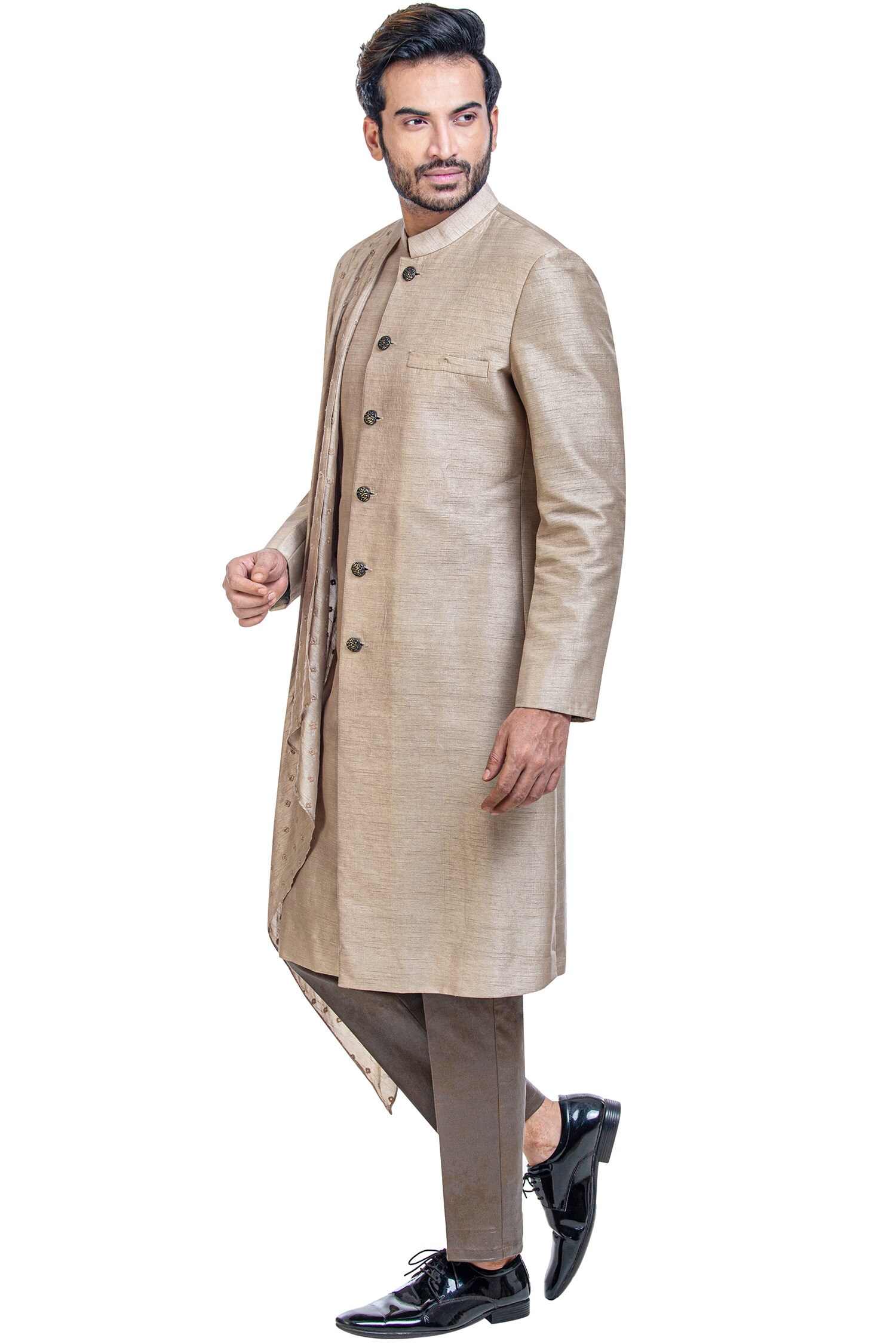 Buy Poonam Kasera Beige Silk Draped Achkan Set Online | Aza Fashions