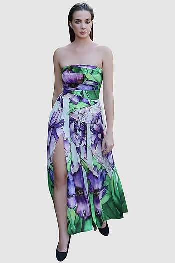 Buy Swatee Singh Multi Color Crepe Bandeau Slit Dress Online | Aza Fashions