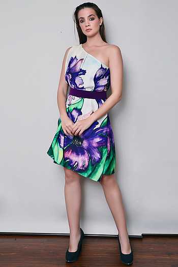 Buy Swatee Singh Multi Color Crepe One Shoulder Printed Dress Online ...