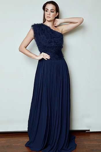 Buy Blue Georgette Asymmetric One Shoulder Gown For Women by Swatee ...