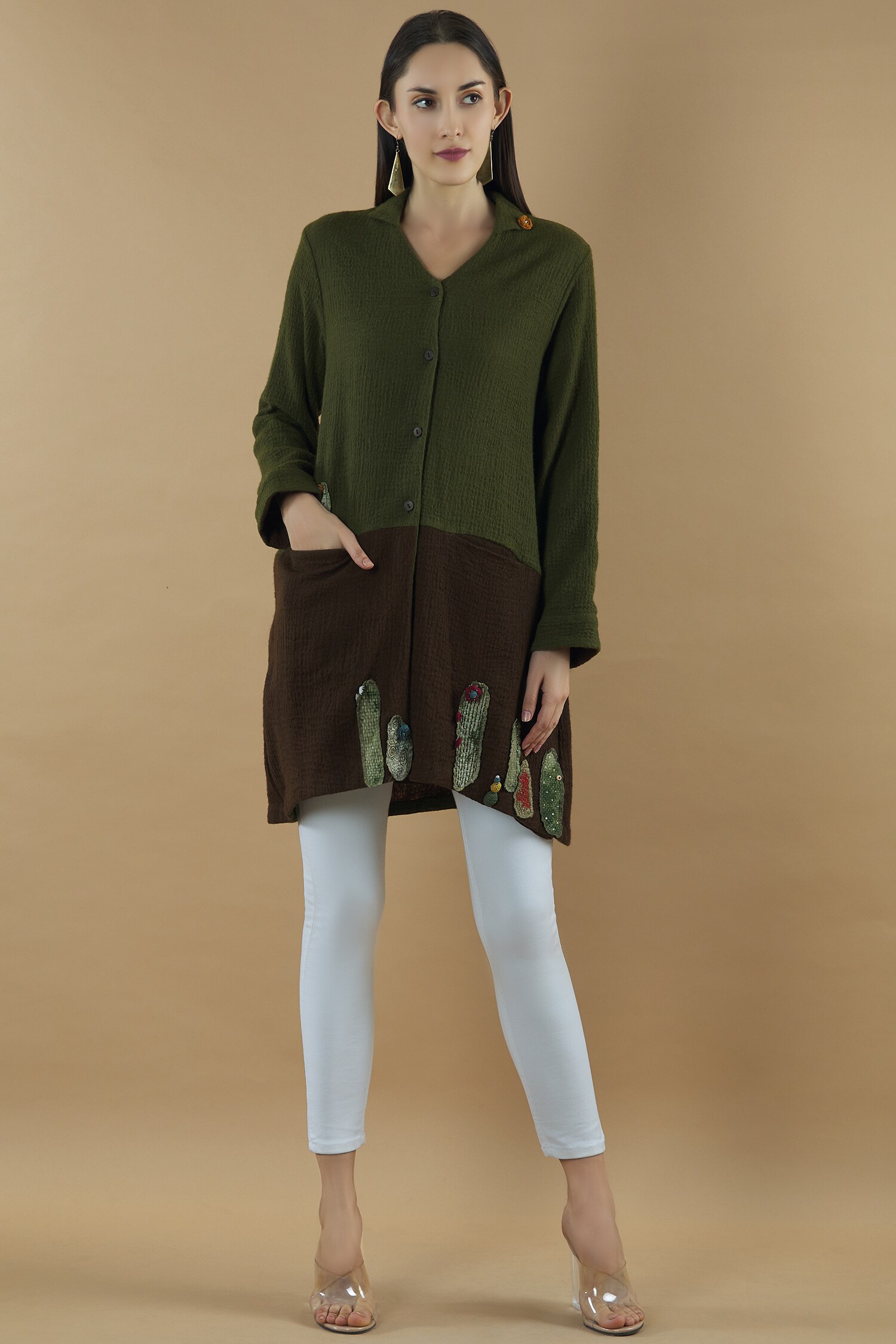 Buy Yavi Green Wool Colorblock Tunic Online | Aza Fashions