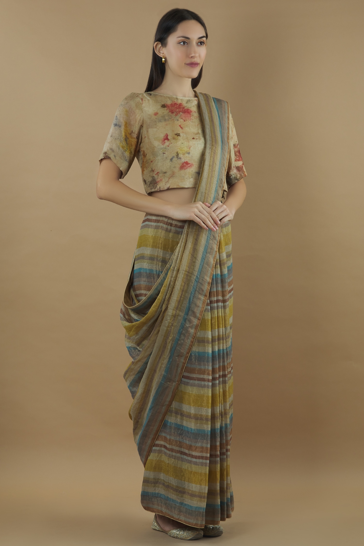 Buy Yavi Multi Color Tissue Striped Saree Online | Aza Fashions