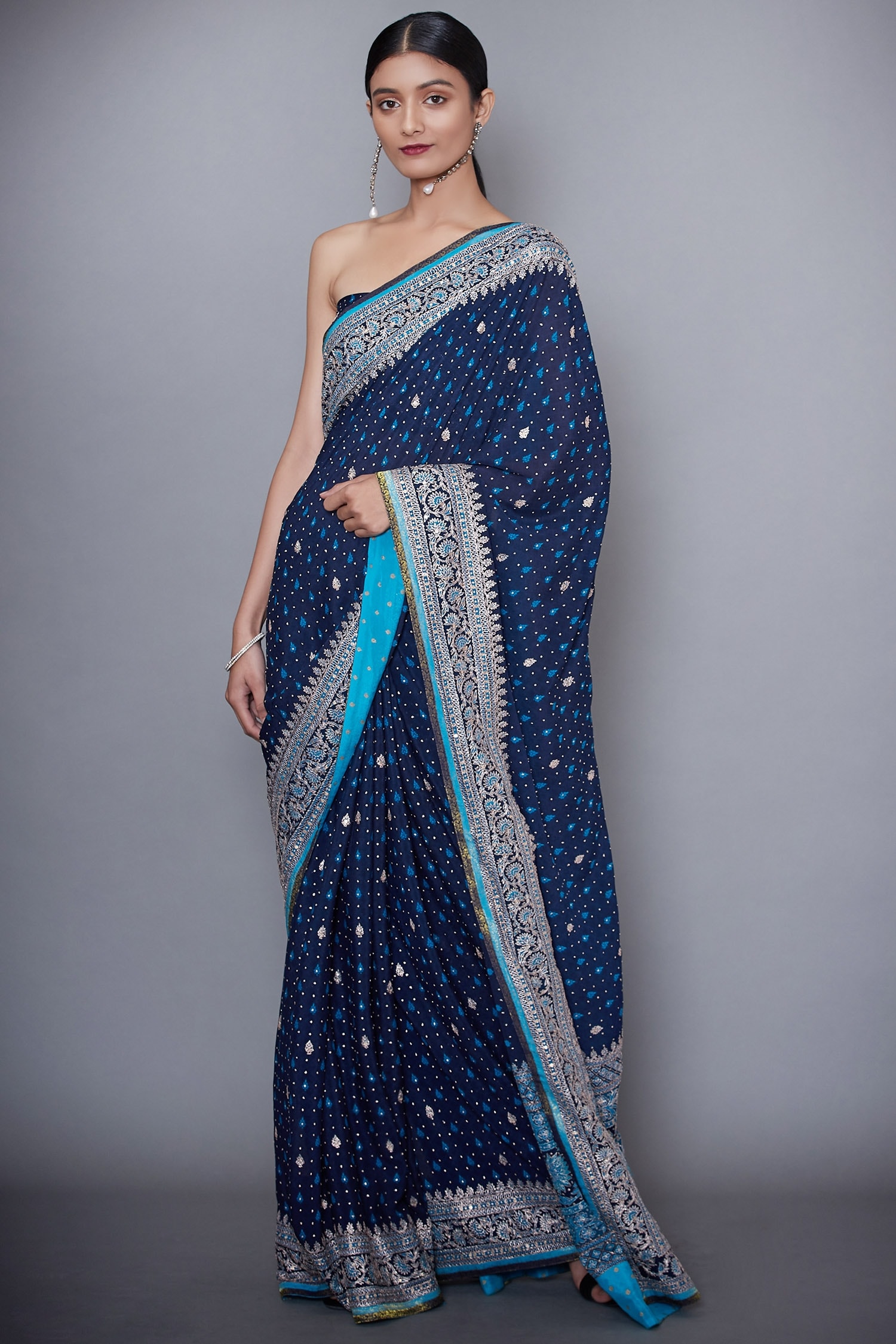Buy RI.Ritu Kumar Blue Silk Chinon Embroidered Saree Online | Aza Fashions