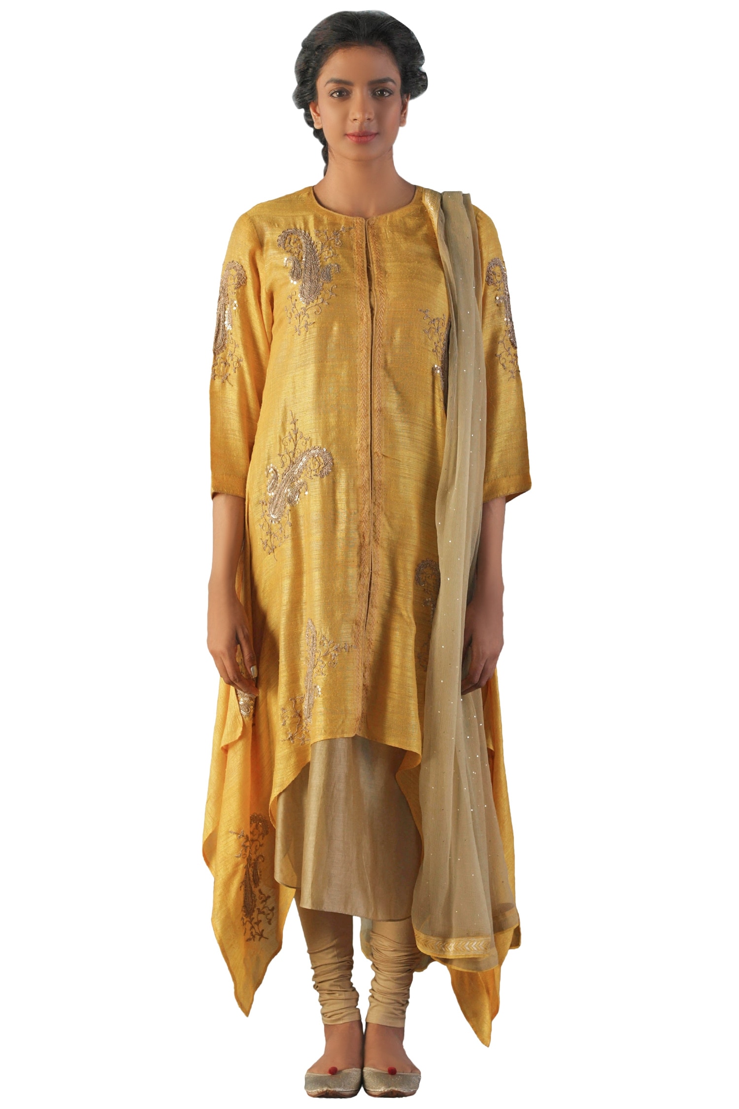 Buy Yellow Tussar Matka Round Embroidered Kurta Set For Women by RI ...