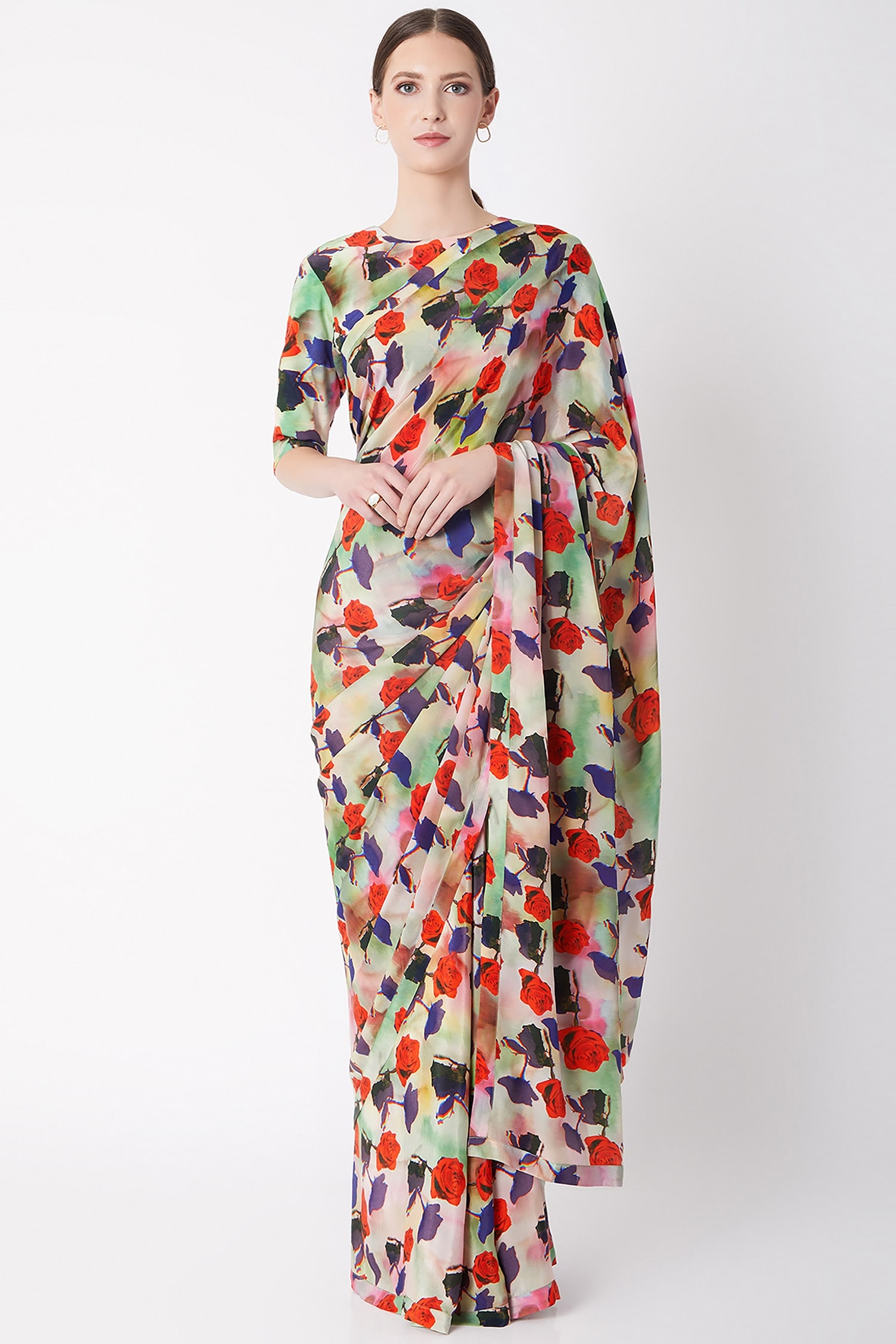 Buy Masaba Pink Crepe Silk Rose Print Saree Online | Aza Fashions