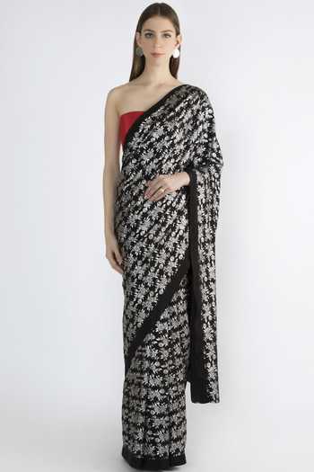 Buy Masaba Black Crepe Floral Print Saree With Unstitched Blouse Fabric ...