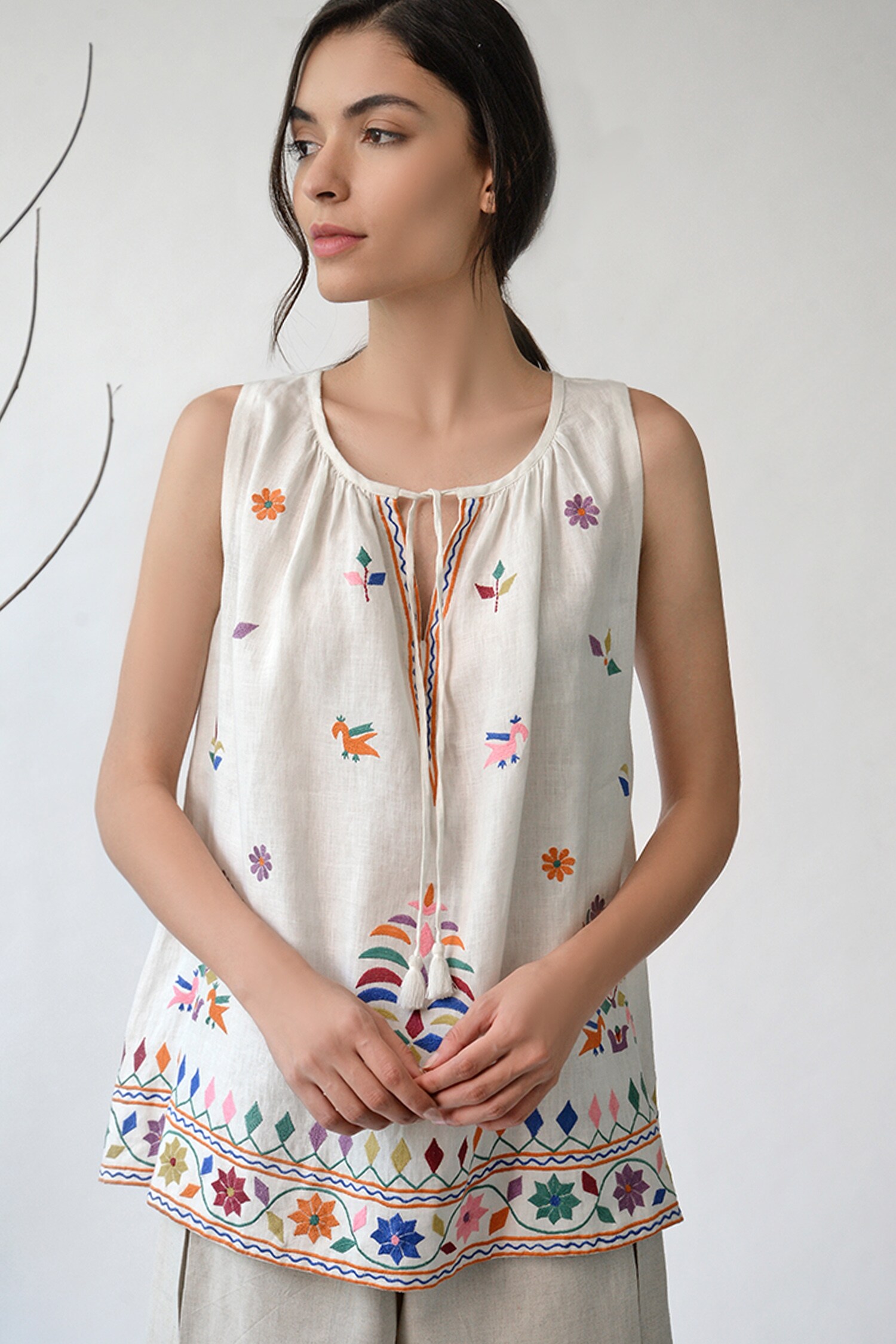 Buy Umbar White Cotton Linen Embroidered Top Online | Aza Fashions