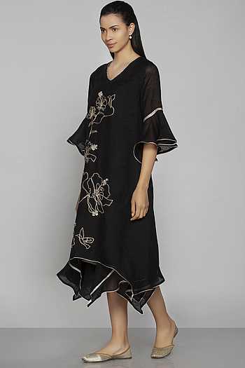 Buy Kaveri Black Linen Layered Dress Online | Aza Fashions