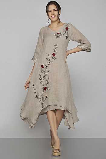 Buy Kaveri Beige Linen Layered Dress Online | Aza Fashions