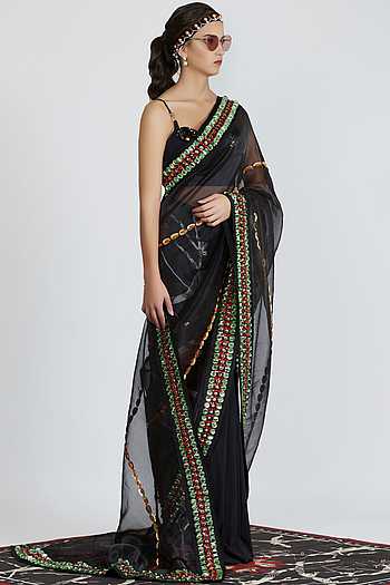 Buy Shivan & Narresh Black Silk Organza Tailored Embellished Saree ...