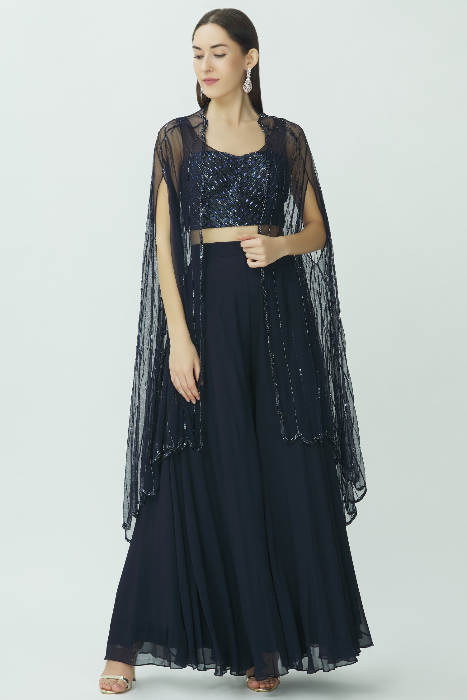 Buy Blue Georgette Round Embellished Cape Pant Set For Women by Megha ...