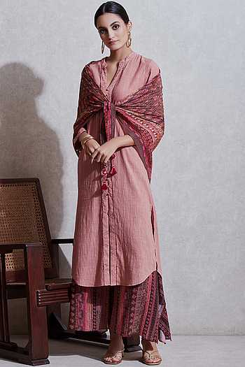 Buy Ritu Kumar Pink Cotton Slub Button Down Kurta Set Online | Aza Fashions