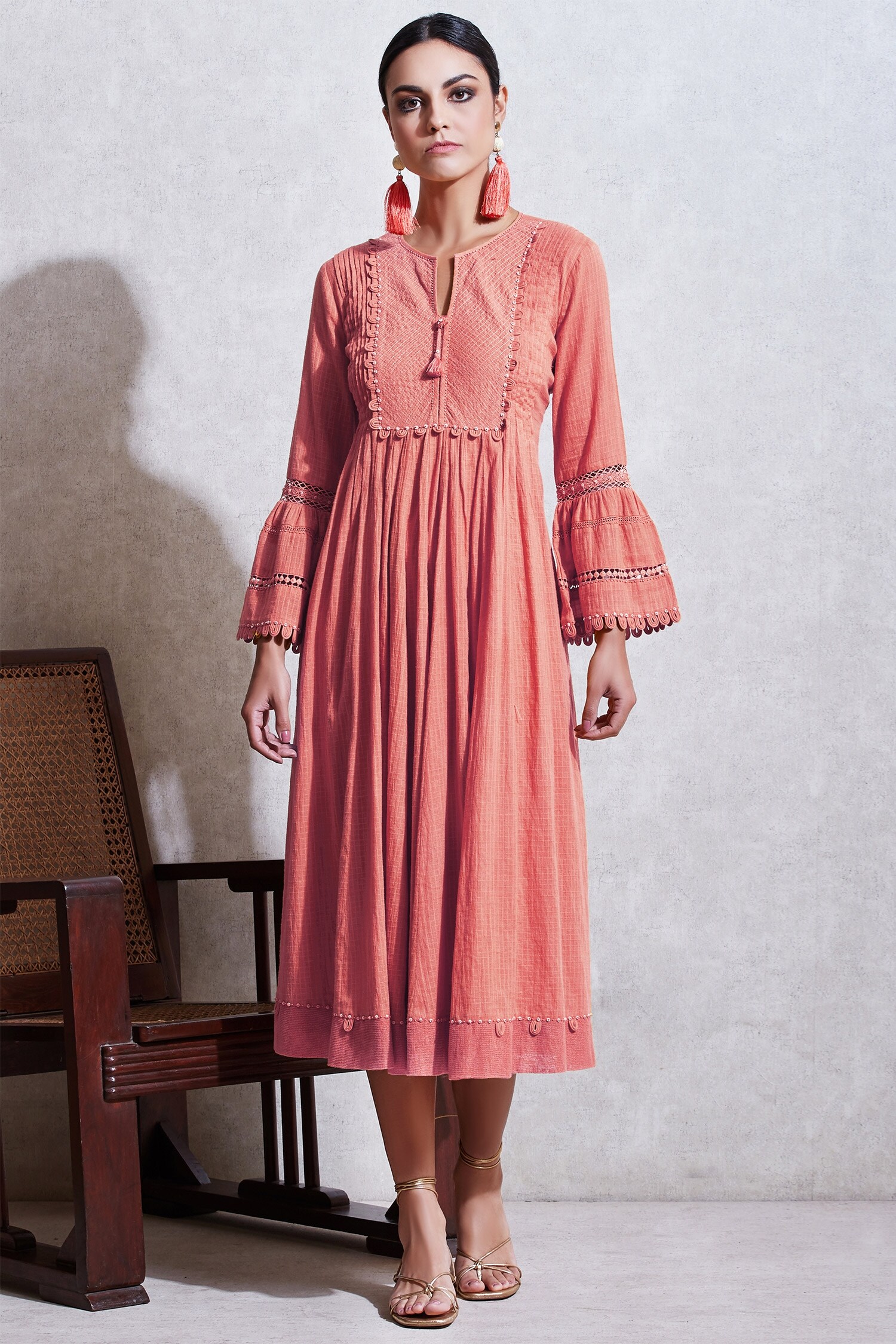 Buy Ritu Kumar Pink Dobby Embroidered Tunic Online | Aza Fashions