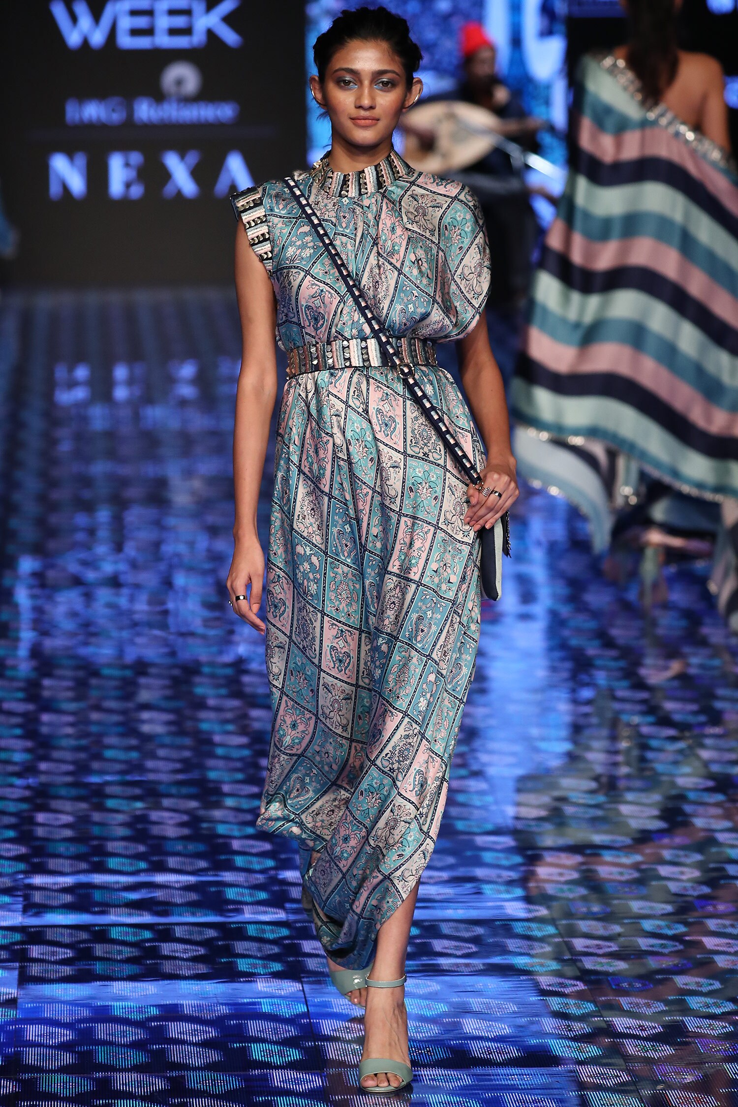 Buy Multi Color Satin Silk Round Printed Draped Dress For Women by SVA ...