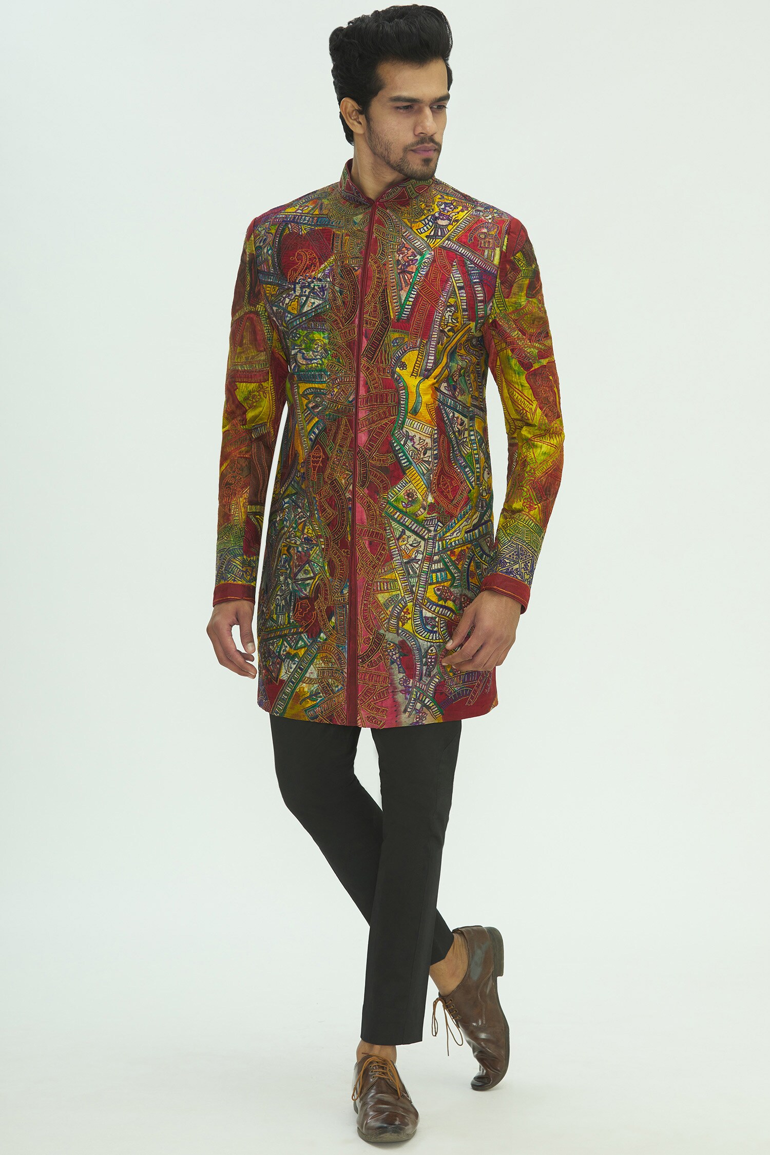 Buy Sharbari Studio Maroon Silk Hand Painted Sherwani Set Online | Aza ...
