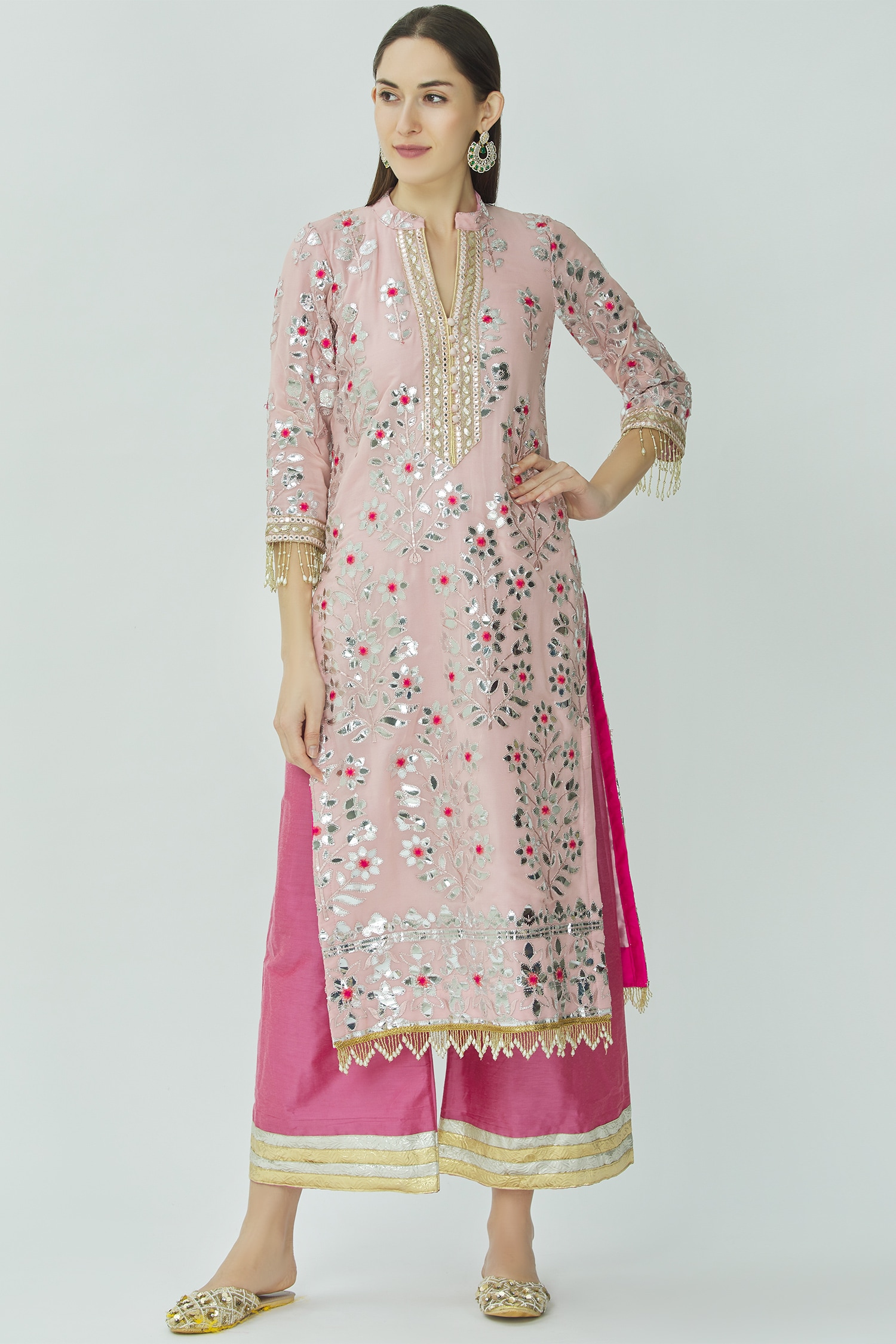 Buy Pink Georgette Notched Embellished Kurta Set For Women by ...